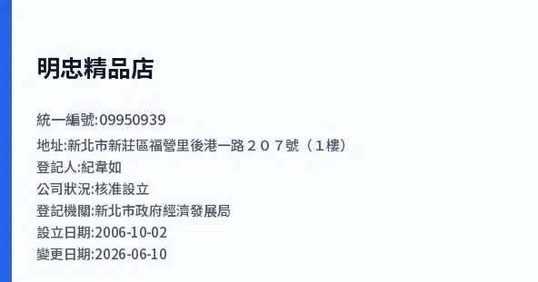 明忠精品店的照片-統編 09950939(新北市) 公司登記資料與營業項目詳細圖表
