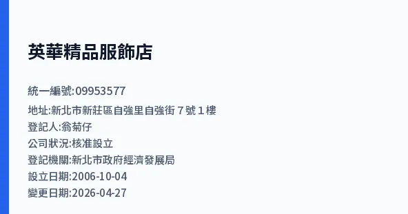 英華精品服飾店的照片-統編 09953577(新北市) 公司登記資料與營業項目詳細圖表