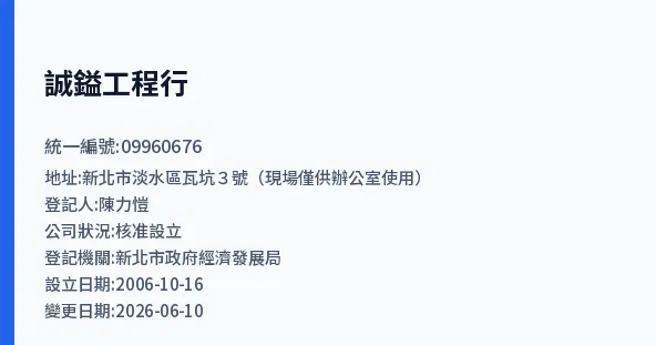 誠鎰工程行的照片-統編 09960676(新北市) 公司登記資料與營業項目詳細圖表