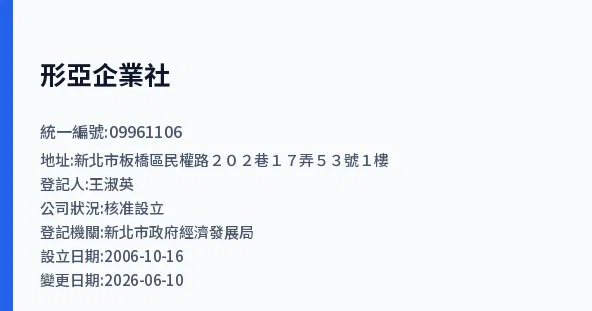 形亞企業社的照片-統編 09961106(新北市) 公司登記資料與營業項目詳細圖表