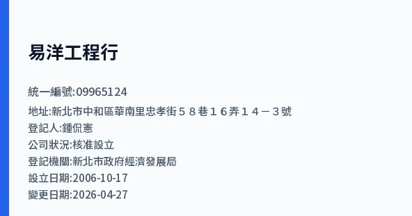 易洋工程行的照片-統編 09965124(新北市) 公司登記資料與營業項目詳細圖表