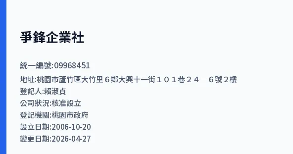 爭鋒企業社的照片-統編 09968451(桃園市) 公司登記資料與營業項目詳細圖表