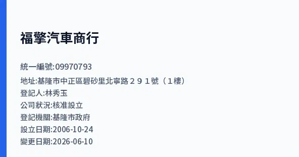 福擎汽車商行的照片-統編 09970793(基隆市) 公司登記資料與營業項目詳細圖表