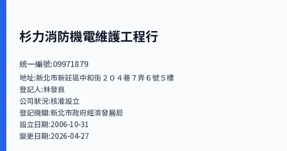 杉力消防機電維護工程行的照片-統編 09971879(新北市) 公司登記資料與營業項目詳細圖表