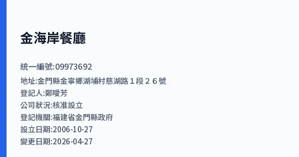 金海岸餐廳的照片-統編 09973692(金門縣) 公司登記資料與營業項目詳細圖表