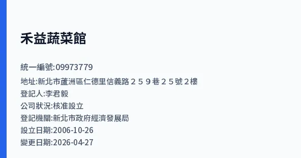 禾益蔬菜館的照片-統編 09973779(新北市) 公司登記資料與營業項目詳細圖表