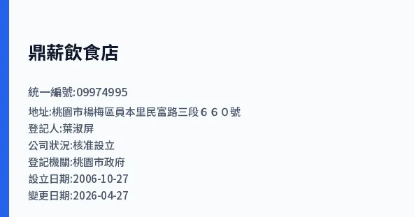 鼎薪飲食店的照片-統編 09974995(桃園市) 公司登記資料與營業項目詳細圖表