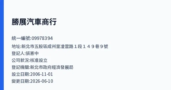 勝展汽車商行的照片-統編 09978394(新北市) 公司登記資料與營業項目詳細圖表