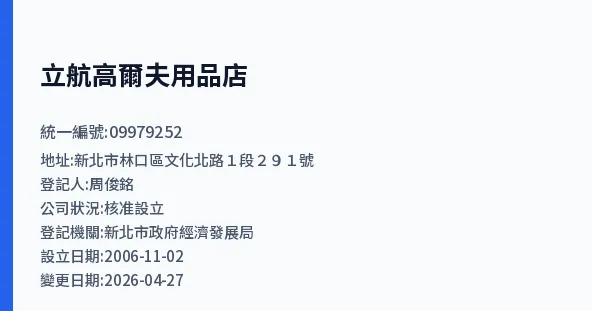 立航高爾夫用品店的照片-統編 09979252(新北市) 公司登記資料與營業項目詳細圖表