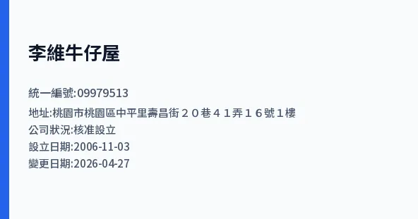 李維牛仔屋的照片-統編 09979513(桃園市) 公司登記資料與營業項目詳細圖表