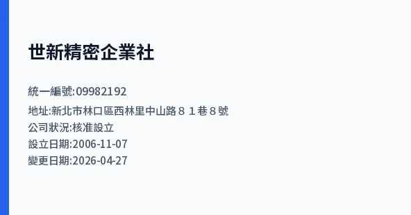 世新精密企業社的照片-統編 09982192(新北市) 公司登記資料與營業項目詳細圖表