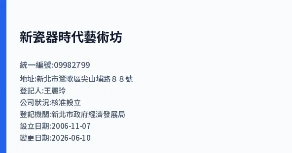 新瓷器時代藝術坊的照片-統編 09982799(新北市) 公司登記資料與營業項目詳細圖表