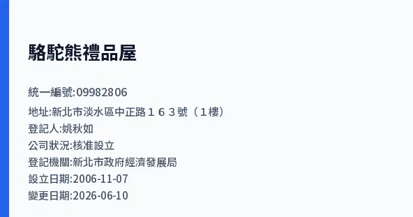 駱駝熊禮品屋的照片-統編 09982806(新北市) 公司登記資料與營業項目詳細圖表