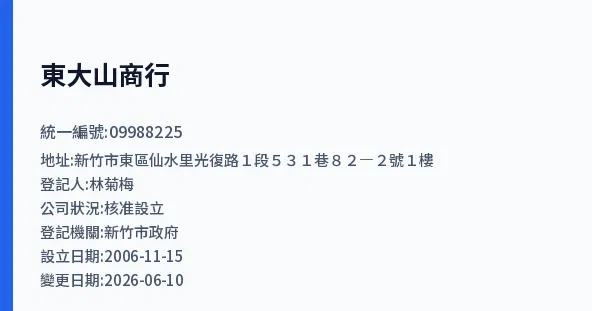 東大山商行的照片-統編 09988225(新竹市) 公司登記資料與營業項目詳細圖表