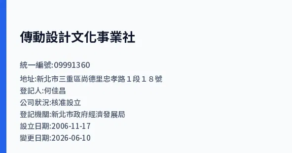 傳動設計文化事業社的照片-統編 09991360(新北市) 公司登記資料與營業項目詳細圖表