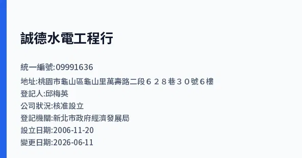 誠德水電工程行的照片-統編 09991636(桃園市) 公司登記資料與營業項目詳細圖表