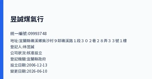 昱誠煤氣行的照片-統編 09993748(宜蘭縣) 公司登記資料與營業項目詳細圖表