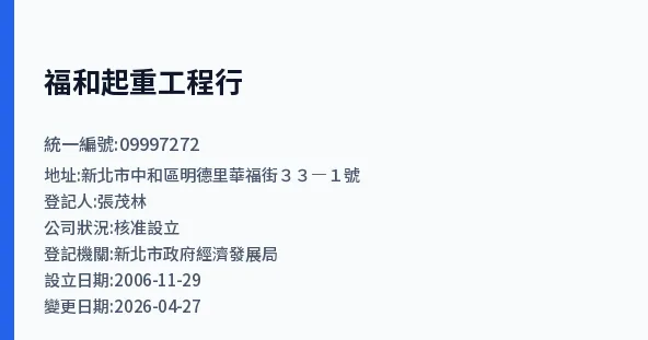 福和起重工程行的照片-統編 09997272(新北市) 公司登記資料與營業項目詳細圖表
