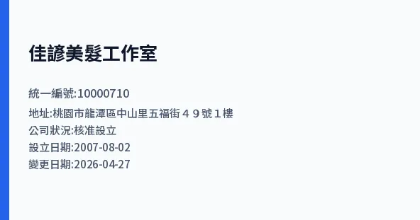 佳諺美髮工作室的照片-統編 10000710(桃園市) 公司登記資料與營業項目詳細圖表