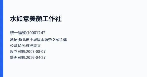 水如意美顏工作社的照片-統編 10001247(新北市) 公司登記資料與營業項目詳細圖表