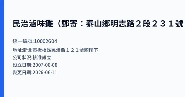 民治滷味攤(郵寄:泰山鄉明志路2段231號15樓)的照片-統編 10002604(新北市) 公司登記資料與營業項目詳細圖表