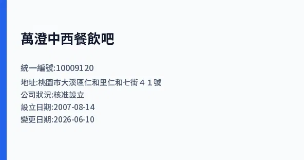 萬澄中西餐飲吧的照片-統編 10009120(桃園市) 公司登記資料與營業項目詳細圖表