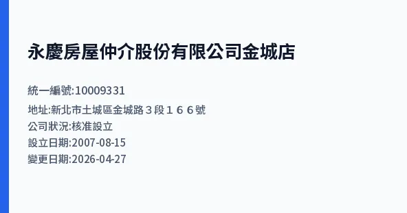 永慶房屋仲介股份有限公司金城店的照片-統編 10009331(新北市) 公司登記資料與營業項目詳細圖表
