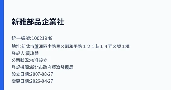 新雅部品企業社的照片-統編 10021948(新北市) 公司登記資料與營業項目詳細圖表