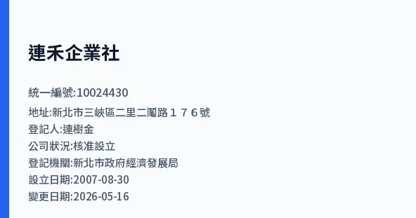 連禾企業社的照片-統編 10024430(新北市) 公司登記資料與營業項目詳細圖表