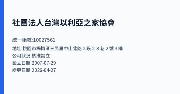 社團法人台灣以利亞之家協會的照片-統編 10027561(桃園市) 公司登記資料與營業項目詳細圖表