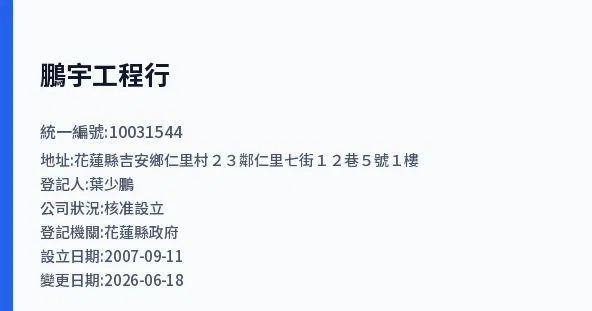 鵬宇工程行的照片-統編 10031544(花蓮縣) 公司登記資料與營業項目詳細圖表