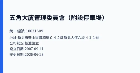 五角大廈管理委員會(附設停車場)的照片-統編 10031609(新北市) 公司登記資料與營業項目詳細圖表
