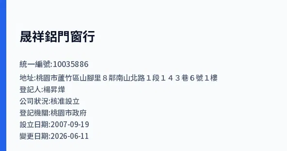 晟祥鋁門窗行的照片-統編 10035886(桃園市) 公司登記資料與營業項目詳細圖表