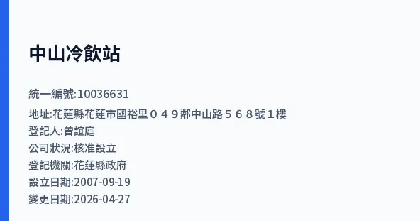 中山冷飲站的照片-統編 10036631(花蓮縣) 公司登記資料與營業項目詳細圖表