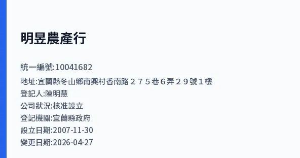 明昱農產行的照片-統編 10041682(宜蘭縣) 公司登記資料與營業項目詳細圖表