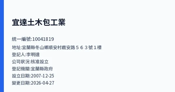 宜達土木包工業的照片-統編 10041819(宜蘭縣) 公司登記資料與營業項目詳細圖表