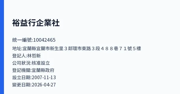 裕益行企業社的照片-統編 10042465(宜蘭縣) 公司登記資料與營業項目詳細圖表