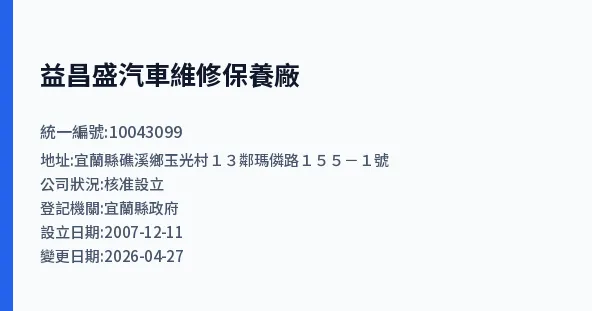益昌盛汽車維修保養廠的照片-統編 10043099(宜蘭縣) 公司登記資料與營業項目詳細圖表