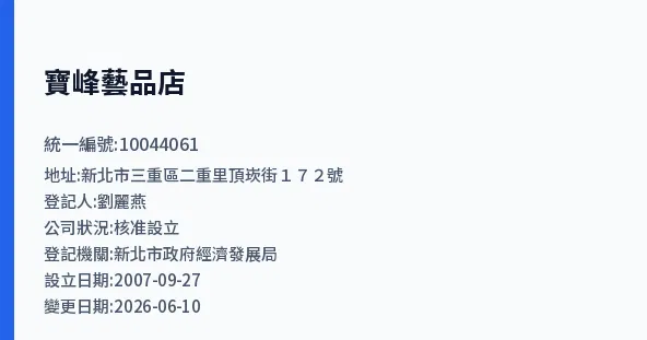 寶峰藝品店的照片-統編 10044061(新北市) 公司登記資料與營業項目詳細圖表