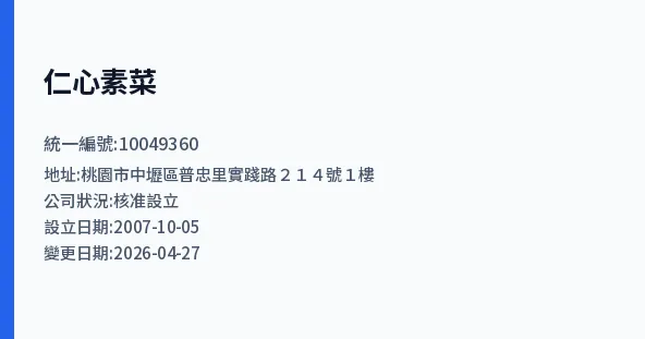 仁心素菜的照片-統編 10049360(桃園市) 公司登記資料與營業項目詳細圖表