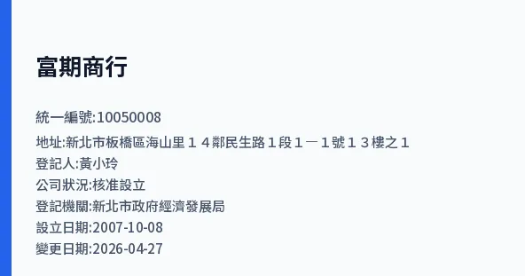 富期商行的照片-統編 10050008(新北市) 公司登記資料與營業項目詳細圖表