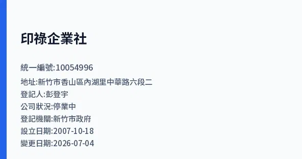 印祿企業社的照片-統編 10054996(新竹市) 公司登記資料與營業項目詳細圖表