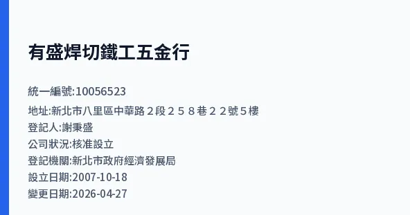 有盛焊切鐵工五金行的照片-統編 10056523(新北市) 公司登記資料與營業項目詳細圖表