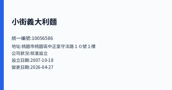 小街義大利麵的照片-統編 10056586(桃園市) 公司登記資料與營業項目詳細圖表