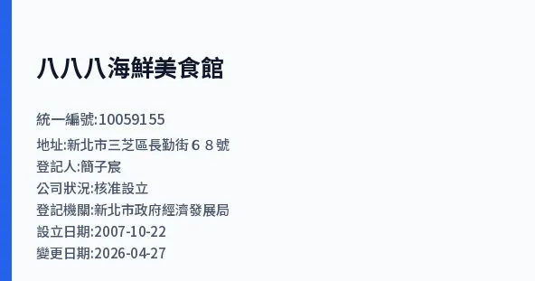 八八八海鮮美食館的照片-統編 10059155(新北市) 公司登記資料與營業項目詳細圖表