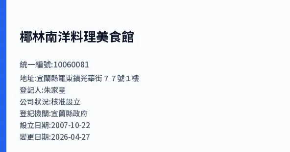 椰林南洋料理美食館的照片-統編 10060081(宜蘭縣) 公司登記資料與營業項目詳細圖表