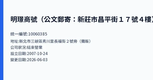明璟商號(公文郵寄:新莊市昌平街17號4樓)的照片-統編 10060385(新北市) 公司登記資料與營業項目詳細圖表