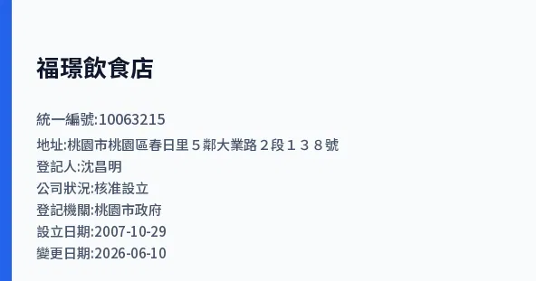 福璟飲食店的照片-統編 10063215(桃園市) 公司登記資料與營業項目詳細圖表