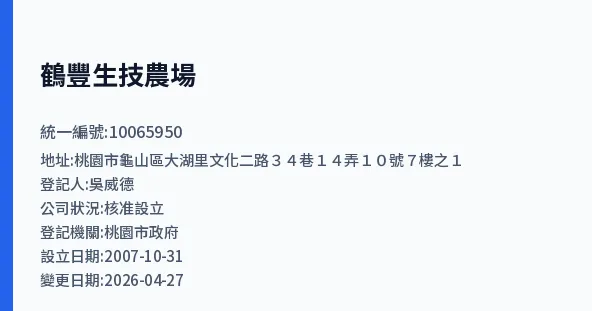 鶴豐生技農場的照片-統編 10065950(桃園市) 公司登記資料與營業項目詳細圖表