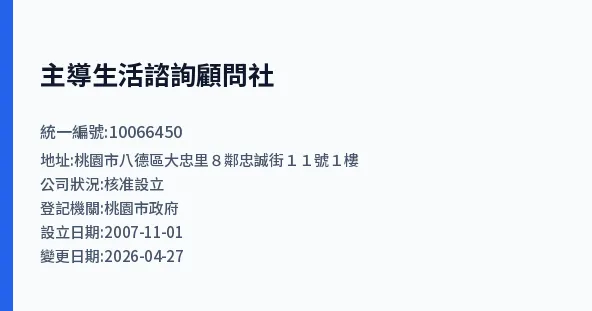 主導生活諮詢顧問社的照片-統編 10066450(桃園市) 公司登記資料與營業項目詳細圖表